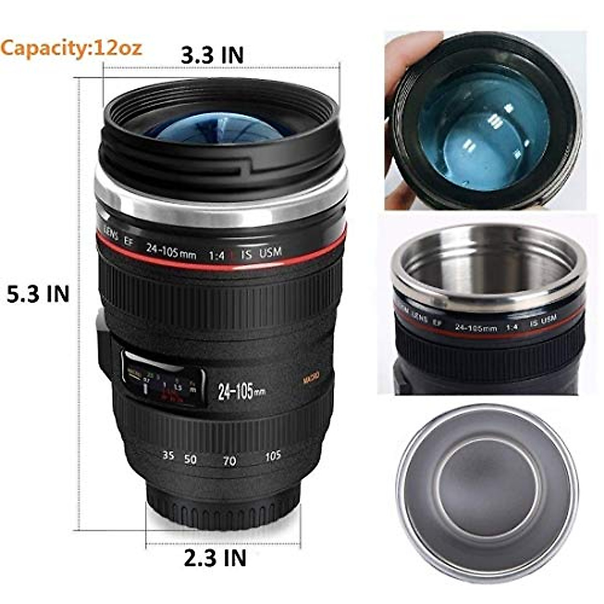POXIWIN Camera Lens Coffee Mug,Comes with a Musical Note Spoon,Novelty Stainless Steel Camera Lens Mugs for Music Lover Photographer Filmmaker