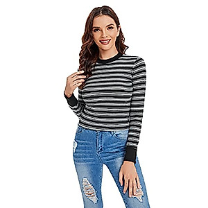 SheIn Women's Striped Mock Neck Shirt Top Long Sleeve Turtleneck Tee T-Shirts Black Stripe Medium