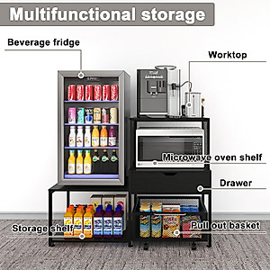 PUNCIA Mini Fridge Stand with Storage Coffee Bar Cabinet with Power Outlet Beverage Wine Refrigerator Table Microwave Oven Stand Rack with Large Capacity Drawer and Basket for Home Office Dorm