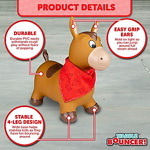 WADDLE Bouncy Hopper Inflatable Hopping Animal, Indoors and Outdoors Toy for Toddlers and Kids, Pump Included, Boys and Girls Ages 2 Years and U (Brown Horse)