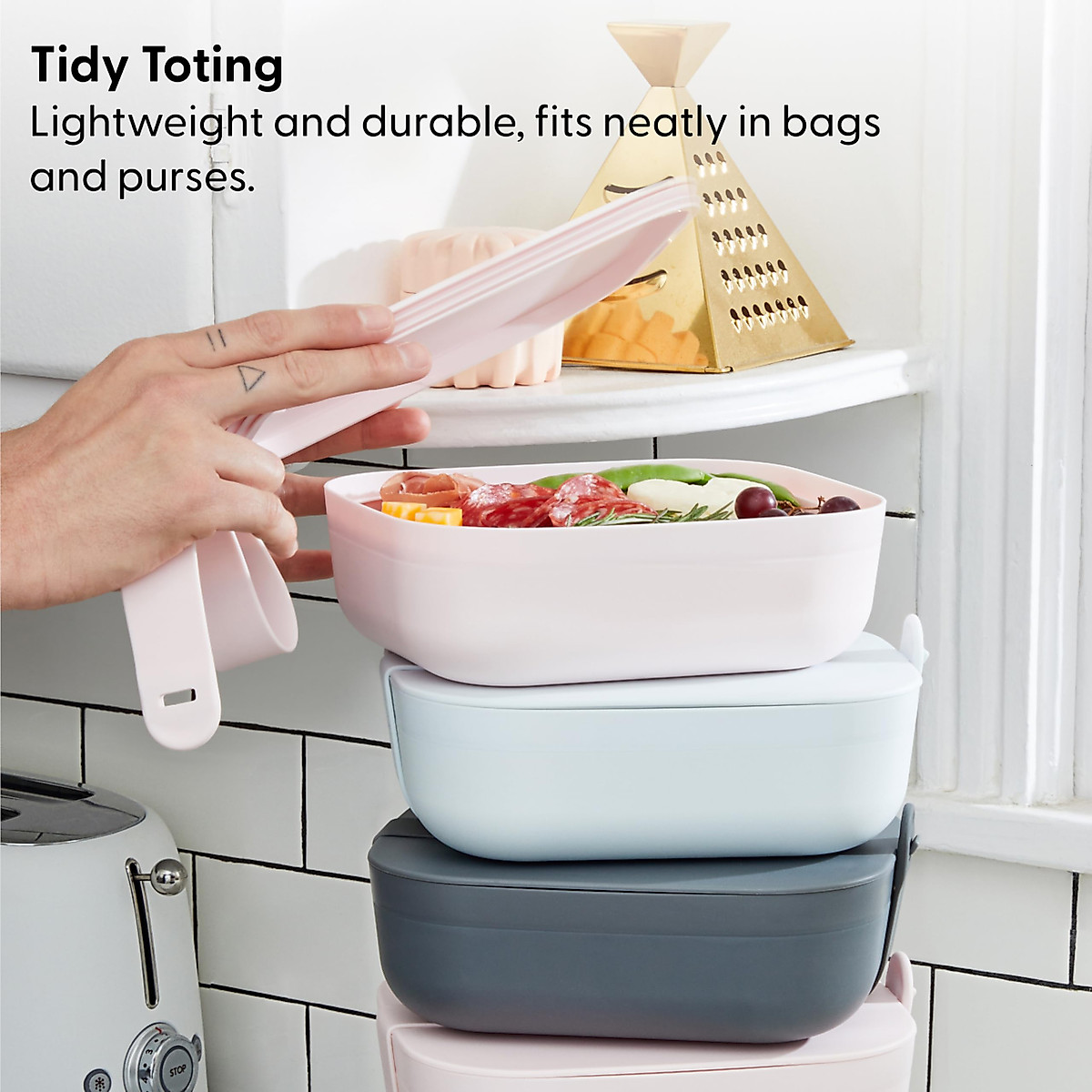 W&P Porter Lunch Box, 3 Compartment Bento Box Style Portable Adult Lunch Box with Snap Strap- Food Container, BPA Free, Dishwasher and Microwave Safe, Blush, Medium