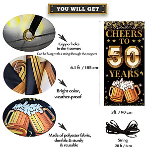 Cheers to 50 Years Door Banner, Happy 50th Birthday Decorations for Men Women, Golden 50th Anniversary, Black Gold 50 Year Class Reunion Party Backdrop Yard Sign for Outdoor Indoor, Fabric, Vicycaty
