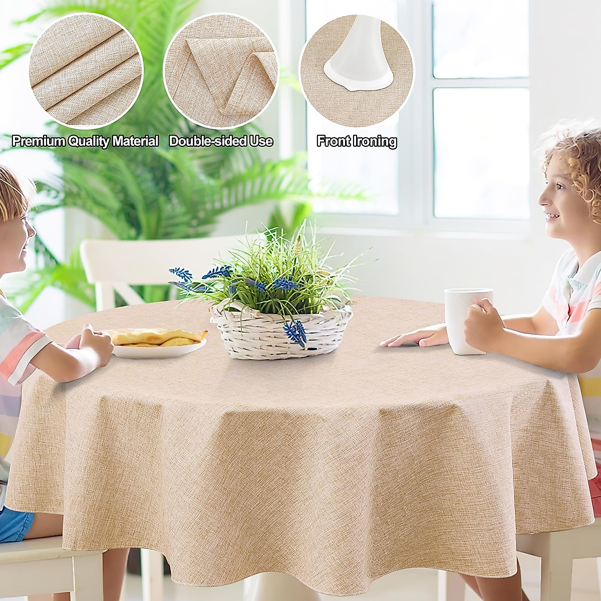 Smiry Round Faux Champagne Table Cloth, Waterproof Burlap Fabric Tablecloth, Washable Decorative Farmhouse Table Covers for Kitchen, Dining, Parties, 60x60, Champagne