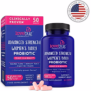 Lovebug Yeast + Vaginal pH Support | Clinically Studied Ingredients for Yeast & UTIs | Multi Strain 50 Billion CFU | 30 Capsules