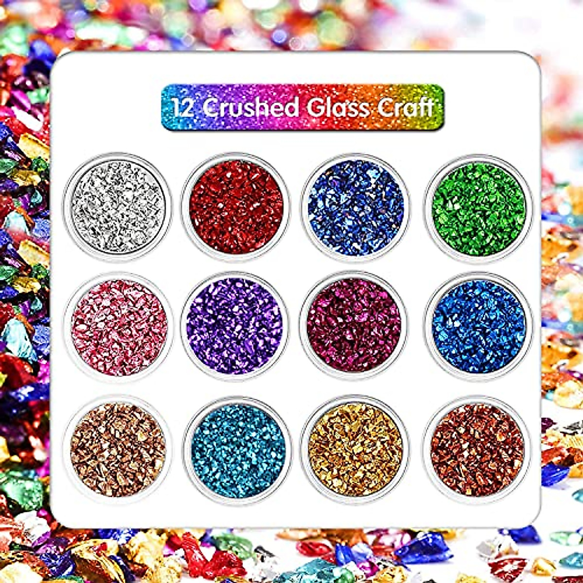 12 Box Crushed Glass Craft Glitter Fine for Resin Art, Small Broken Glass Pieces Irregular Metallic Crystal Chips Chunky Flakes Sequins for Nail Arts DIY Vase Filler Epoxy Jewelry Making Decoration