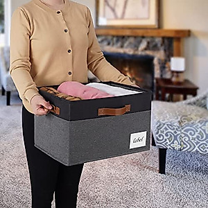 PFFVRP Storage Basket, Fabric Storage Bins with Dual PU Handles, Foldable Storage Baskets for shelves, Storage Boxes for Home, Toys, Clothes,Closet(Black-Grey)