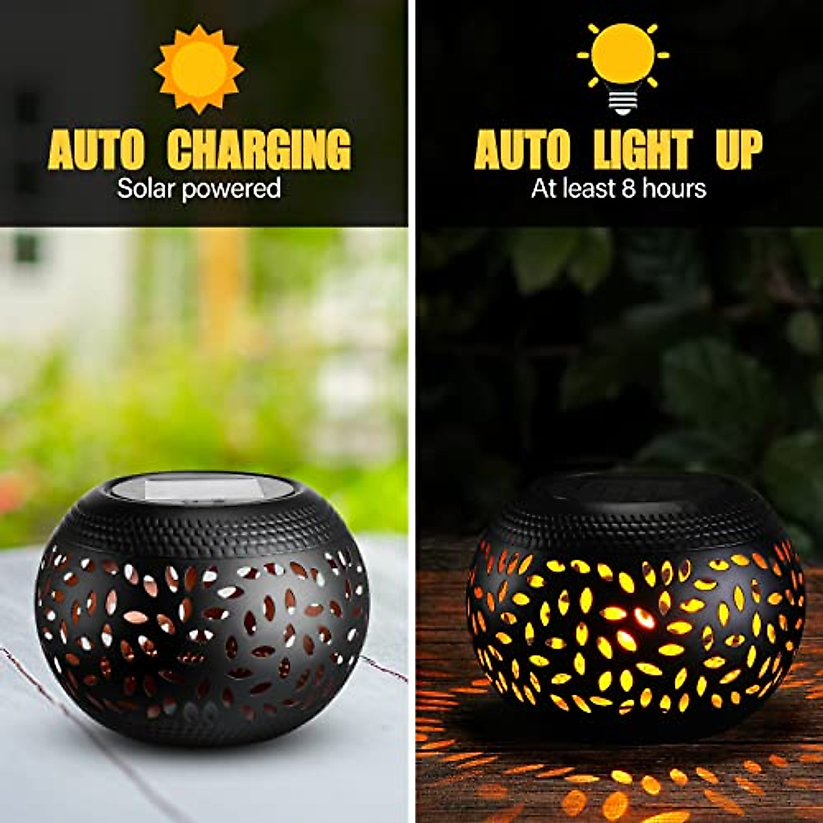 2 Pcs Solar Table Lantern Outdoor Waterproof Flickering Flame Solar Powered LED Light Black Decorative Metal Outdoor Lamp for Outside Indoor Desk Tabletop Bedroom Patio Garden Pathway Yard