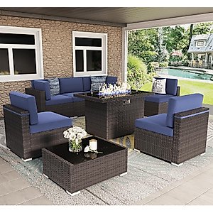 Vakollia 8 Pieces Patio Furniture Set with 44" Propane Gas Fire Pit Table, Outdoor Sectional Brown Rattan Wicker Conversation Sofa Sets with Coffee Table