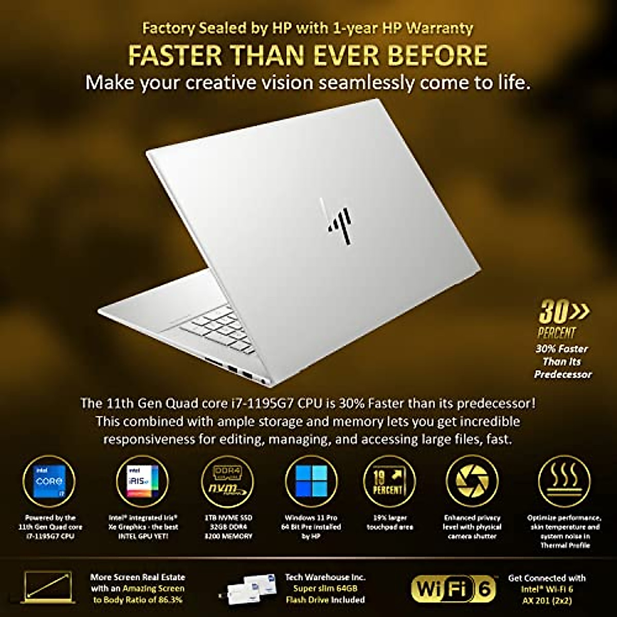 HP Envy 17T 2022 Laptop, i7-1195G7 11th gen, 32GB RAM, 1 TB NVMe SSD, 17.3" FHD Touch, Thunderbolt 4, Win 11 PRO, WiFi 6, B&O Audio, USB-A, Intel Xe Graphics, Silver, 64GB Tech Warehouse Flashdrive