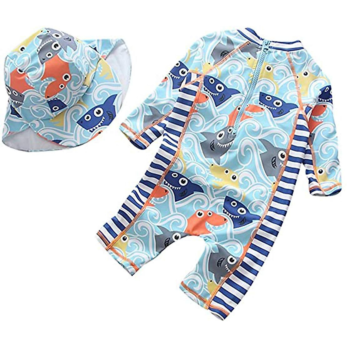 SWMSTUPF Baby Boys Toddlers Swimsuit One Piece Kids Zipper Bathing Suit Swimwear with Hat Rash Guard Surfing Suit UPF 50+（Blue,6-9Months）, 6-9 Months