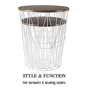 Lavish Home End Storage – Nesting Wire Basket Base and Wood Tops – Industrial Farmhouse Style Side Table Set of 2, White