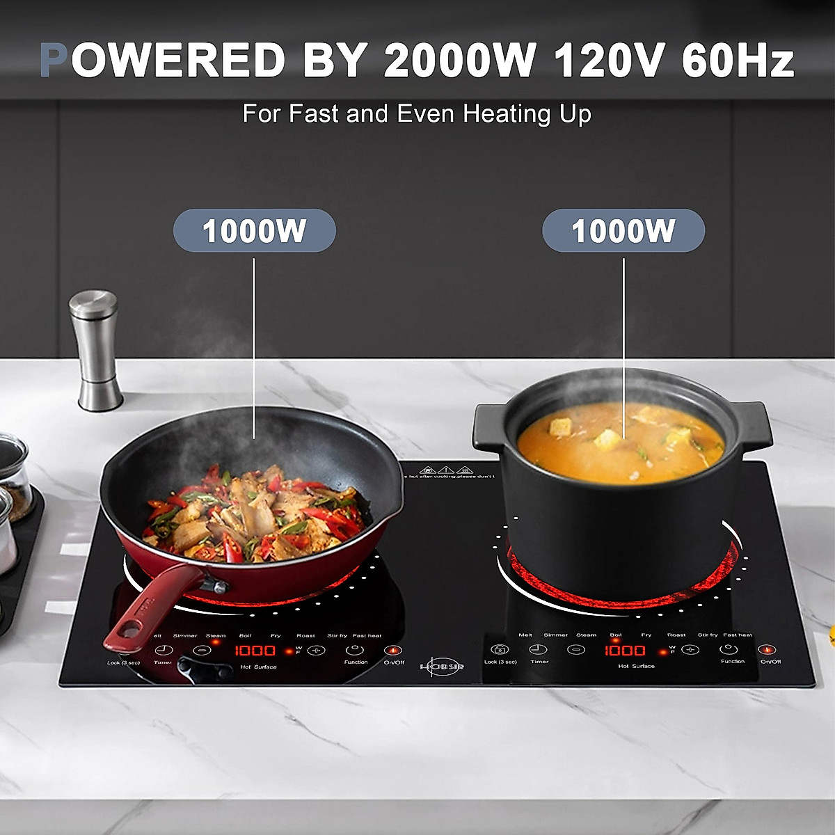 Hobsir 2 Burner Electric Cooktop 110v, Double Electric Stove Top Burner, 24 Inch Countertop and Built-in Electric Stove Top with Plug, LED Touch, Menu, Safety Lock for Kitchen Apartment RV Camp Stove