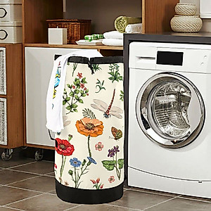 VIGTRO Spring Flowers Dragonflies Large Heavy Duty Laundry Backpack Hamper with Shoulder Strips and Drawstring, Summer Poppies Green Leaves Nylon Waterproof Laundry Bag Durable for Dorm Laundromat Travel