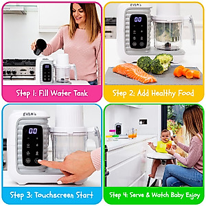 EVLA'S Double Baby Food Maker, Food Processor with 2 Steaming Baskets, Blender, Grinder, Steamer, Cook & Blends Healthy Homemade Baby Food in Minutes, Touch Screen Control, with 6 food pouches, White