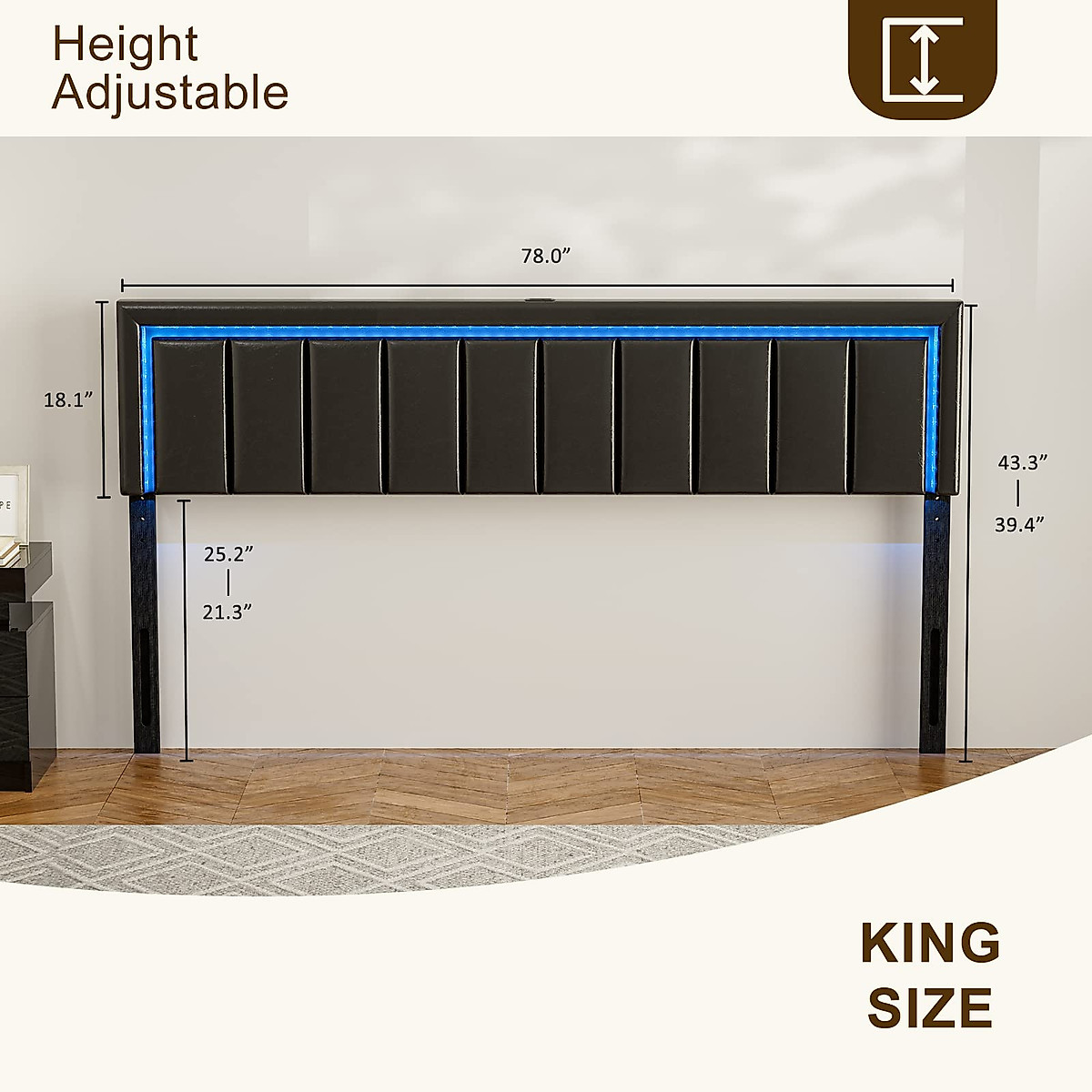 IKIFLY King Size LED Headboard with 2 USB Ports, Adjustable Height - Modern Faux Leather Headboard with Changing LED Lights - Easy Assembly, Upholstered King Headboard Only for Bedroom - Black