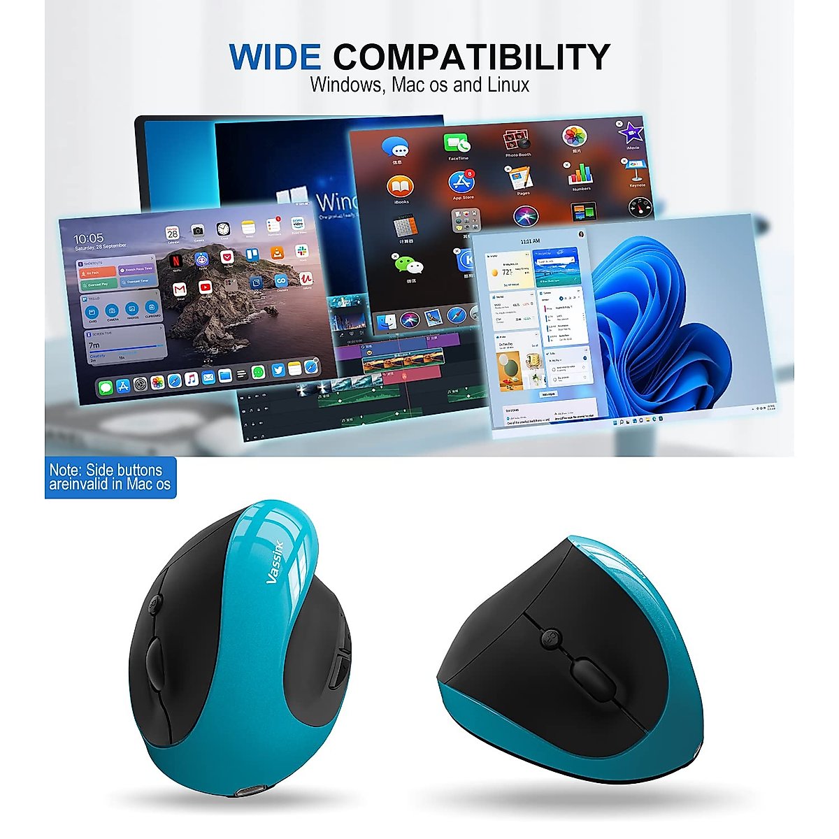 Vassink Ergonomic Mouse, Rechargeable Wireless Mouse Right Handed Small Mouse with 6 Buttons for Laptop,Desktop,PC, MacBook（Blue）
