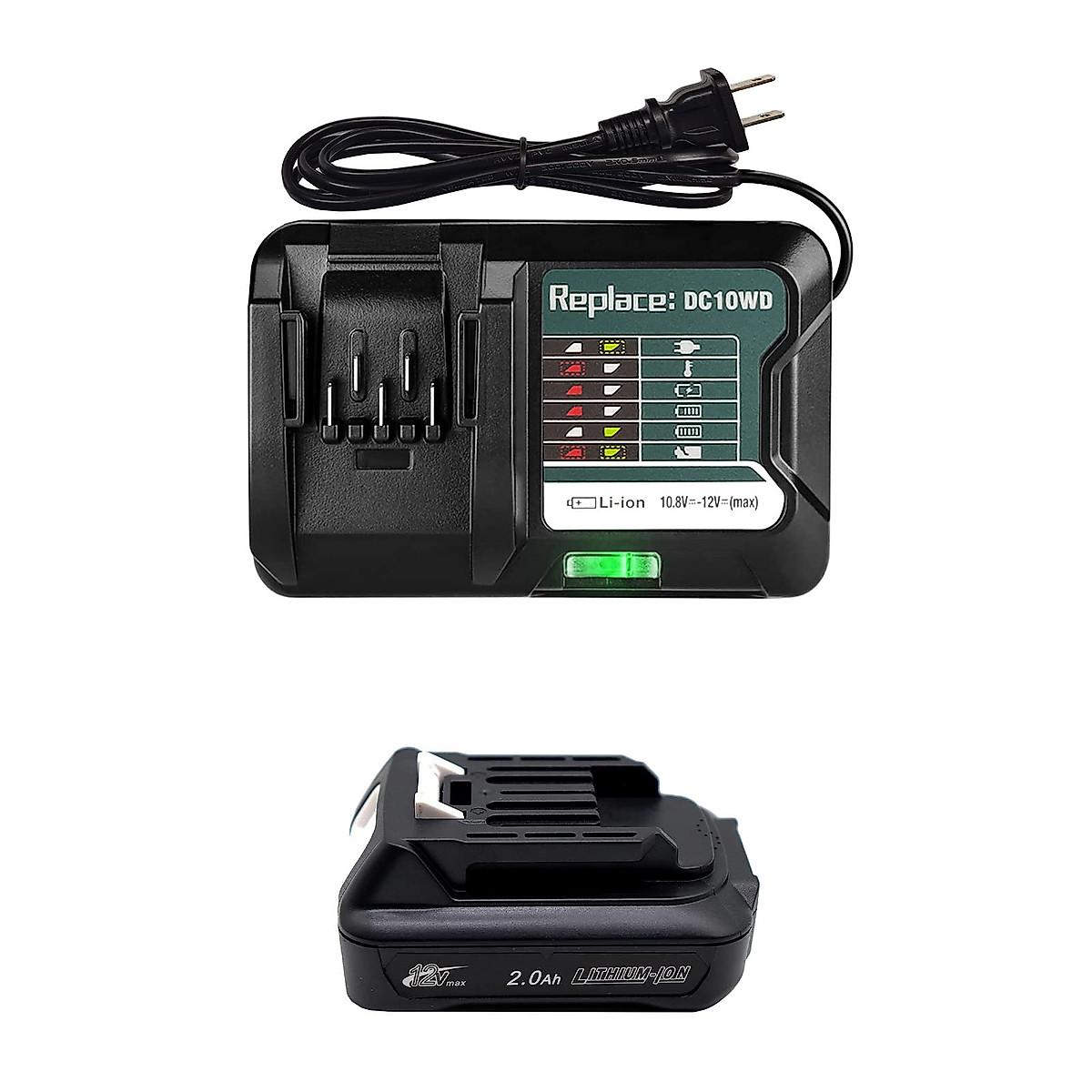 The Power Shop 1 Pcs BL1021B Battery and 1 Pcs DC10WD Charger Replacement for Makita 10.8V & 12V Max. 2000mah Li-Ion CXT Battery 197394-3 197402-0 197393-5 197396-9 DC10WD DC10SB DC10WC Charger