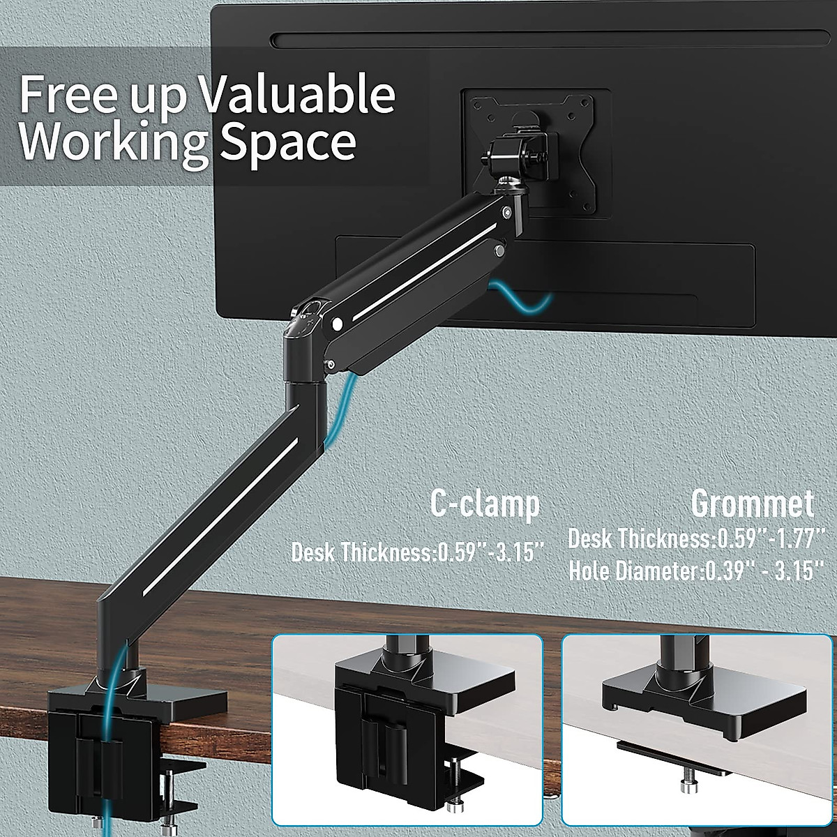 MOUNTUP Heavy Duty Monitor Arm for 13''-42'' Ultrawide Screen up to 33 lbs, Computer Monitor Stand for Desk, Full Motion Gas Spring Monitor Desk Mount, VESA Monitor Mount with C-Clamp & Grommet Base