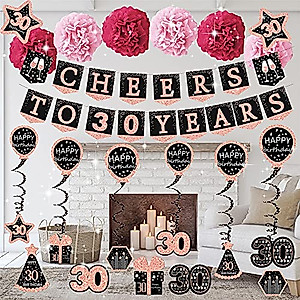 30th birthday decorations for her - (21pack) cheers to 30 years rose gold glitter banner for her, 6 paper Poms, 6 Hanging Swirl, 7 decorations stickers. 30 Years Old Party Supplies gifts for women