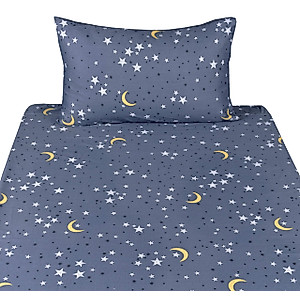 Scientific Sleep Moon & Stars Boys Girls 100% Cotton 3 Pcs Twin Bed Sheet Set Kids Toddler Teen, Flat Sheet & Fitted Sheet & Pillowcase Kids Bedding Set