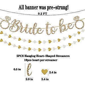 Pre-Strung Bride to Be Banner,Gold Glitter Banner Sign with 2PCS Heart Streamers Garland for Bachelorette Party Decorations, Bridal Shower Wedding Engagement Hen Party Decorations Supplies