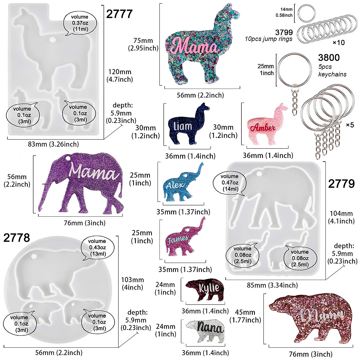 Mama and Baby Keychain Resin Silicone Molds Set with Key Chain Rings Alpaca Bear Elephant for Epoxy Jewelry Casting Kit 18-Count