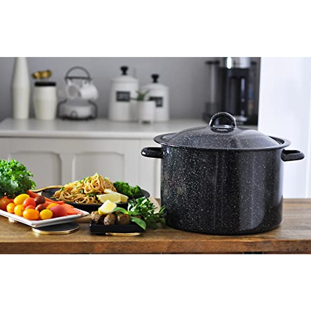 Mirro Traditional Vintage Style Black Speckled Enamel on Steel Stock Pot with Lid, 33 Quart, (MIR-10708)