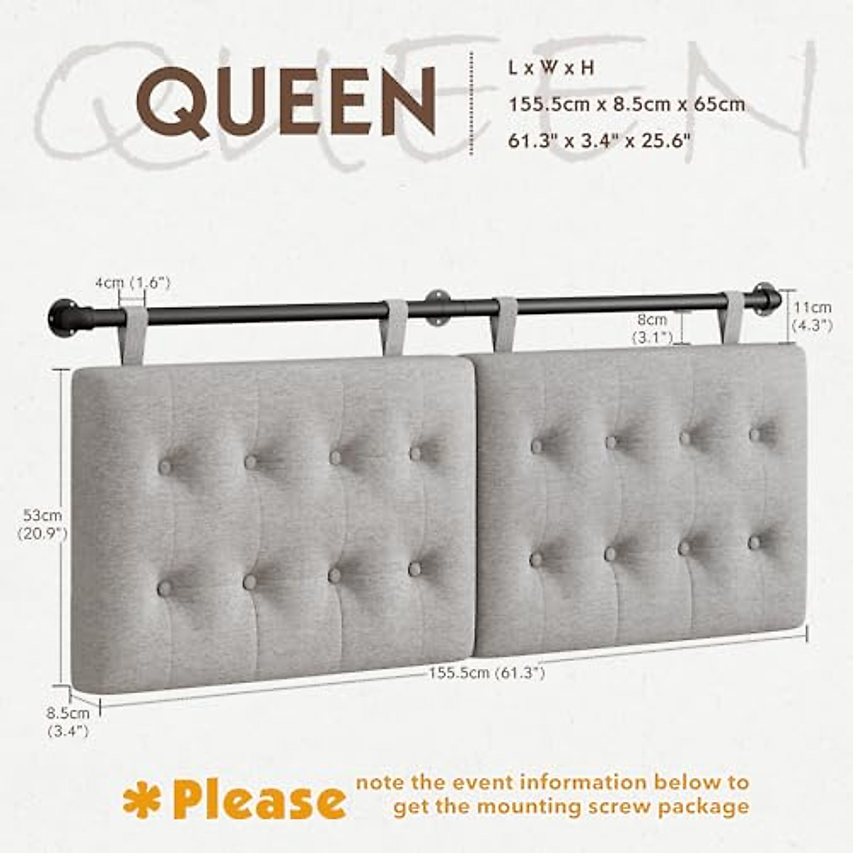 Yojoker Wall Mounted Headboard Queen, Hanging Upholstered Headboards for Queen Size Bed, Boho Floating Dorm Bed Headboard, Upholstery Button Tufted Wall Head Board for Bedroom-Grey