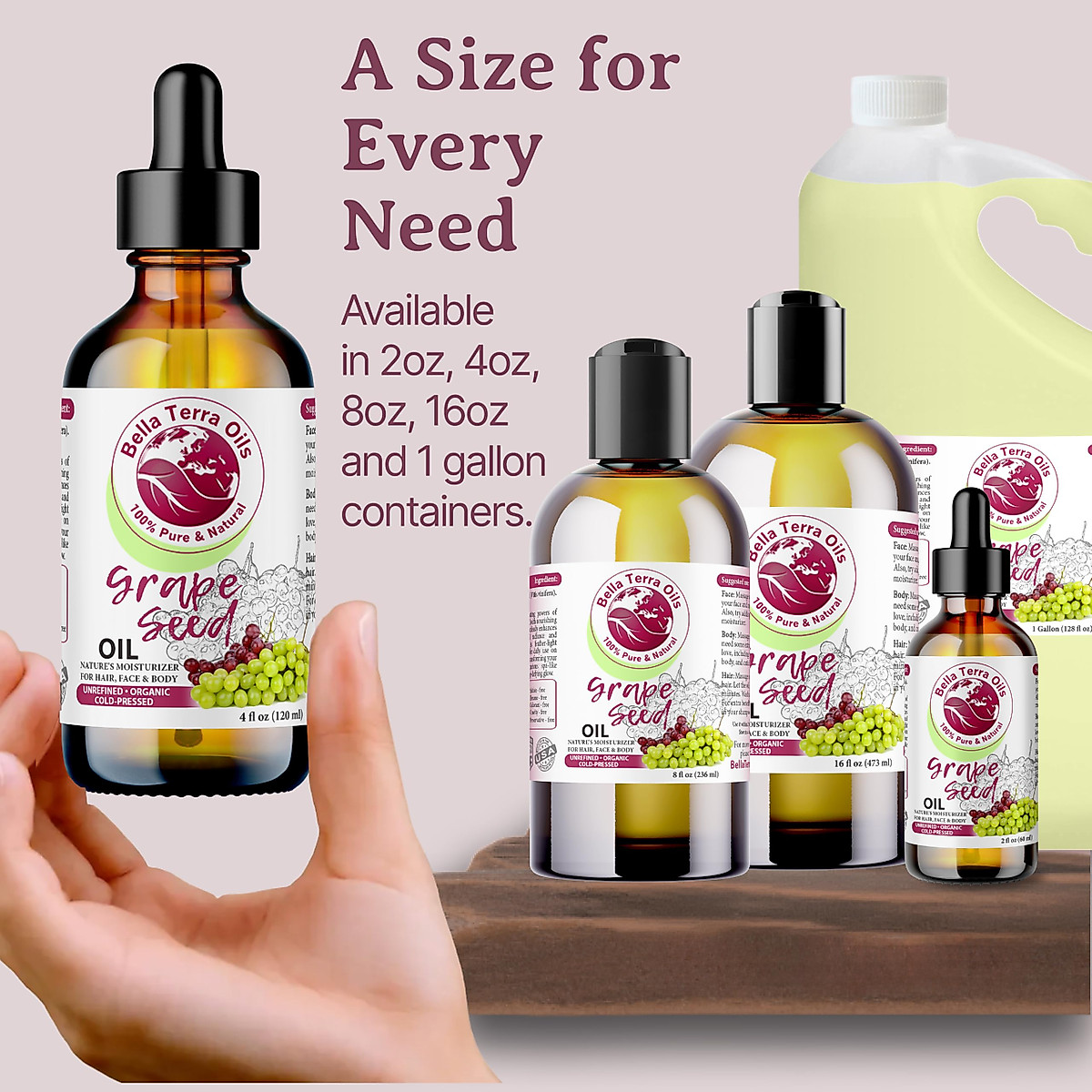 Bella Terra Oils - Organic Grape Seed Oil 4oz - Crafted from Pristine Organic Grapes, Packed with Procyanidins & Vitamin F, Unveiling a Radiant Skin Legacy