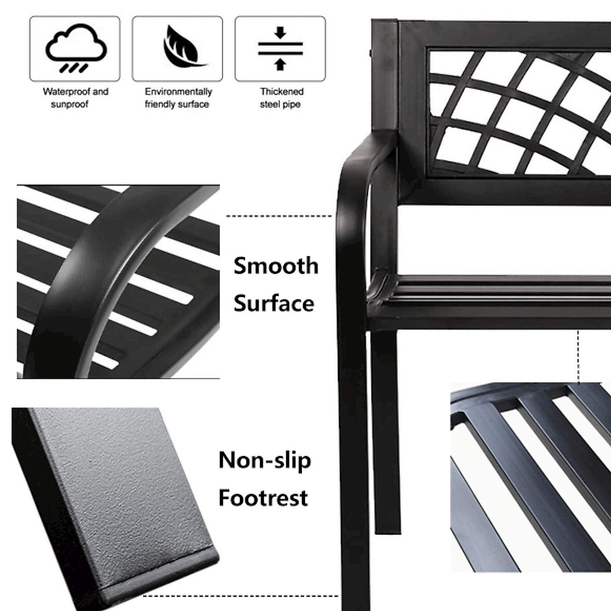 HomeClever Metal Garden Park Bench, 45.5inch Powder Coated Cast Iron PVC Mesh Pattern Design Patio Bench w/Armrests Sturdy Steel Frame, Outside for Front Porch Path Yard Lawn Deck Furniture, Black