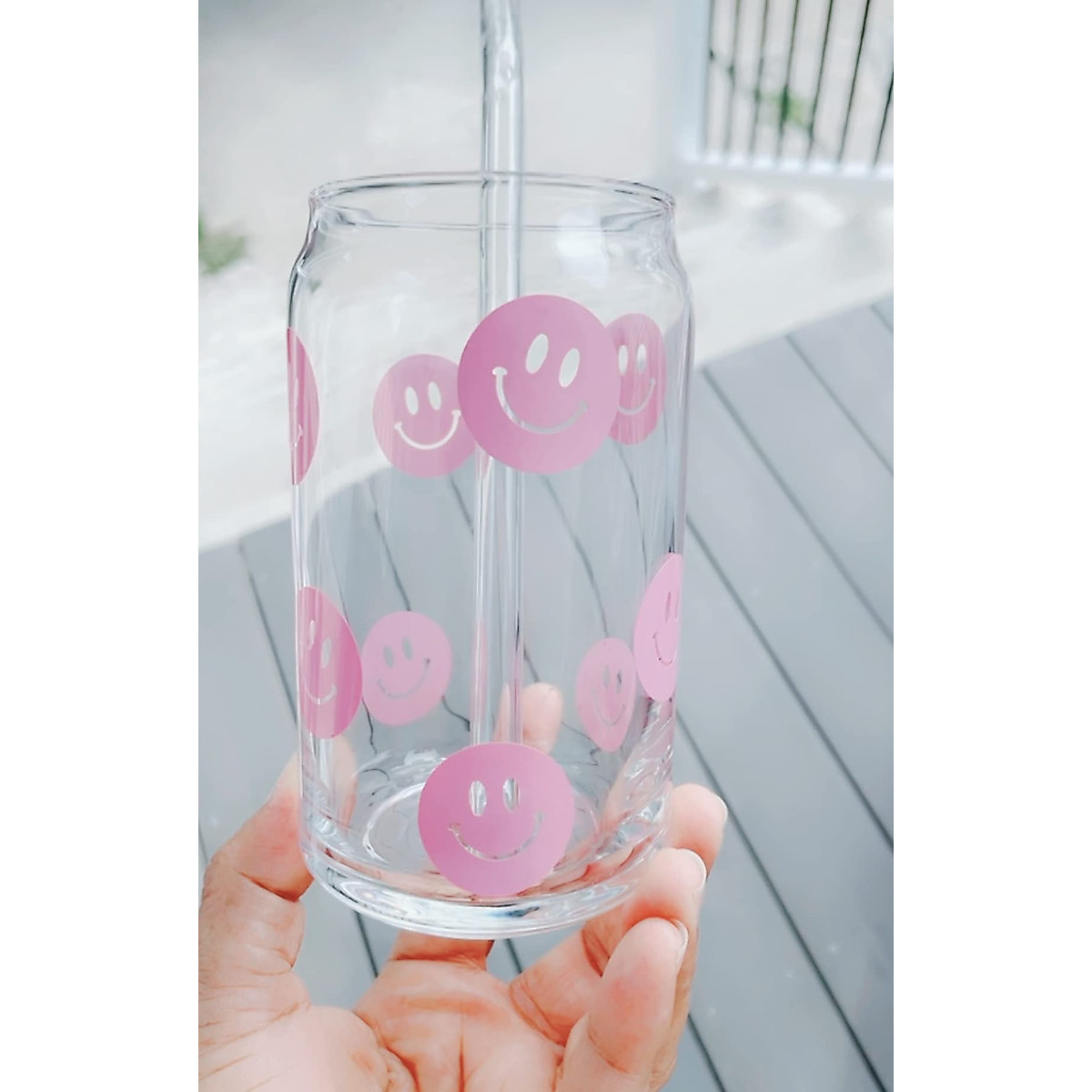 Iced Coffee Glass Cup with Bamboo Lid and Straw | 16oz Beer Can Glass | beer glass Cup | Can Shaped Glass Soda Can Cup | Pink Smiley face Glass Cup, Beer Glass Can, Glass Coffee Cup