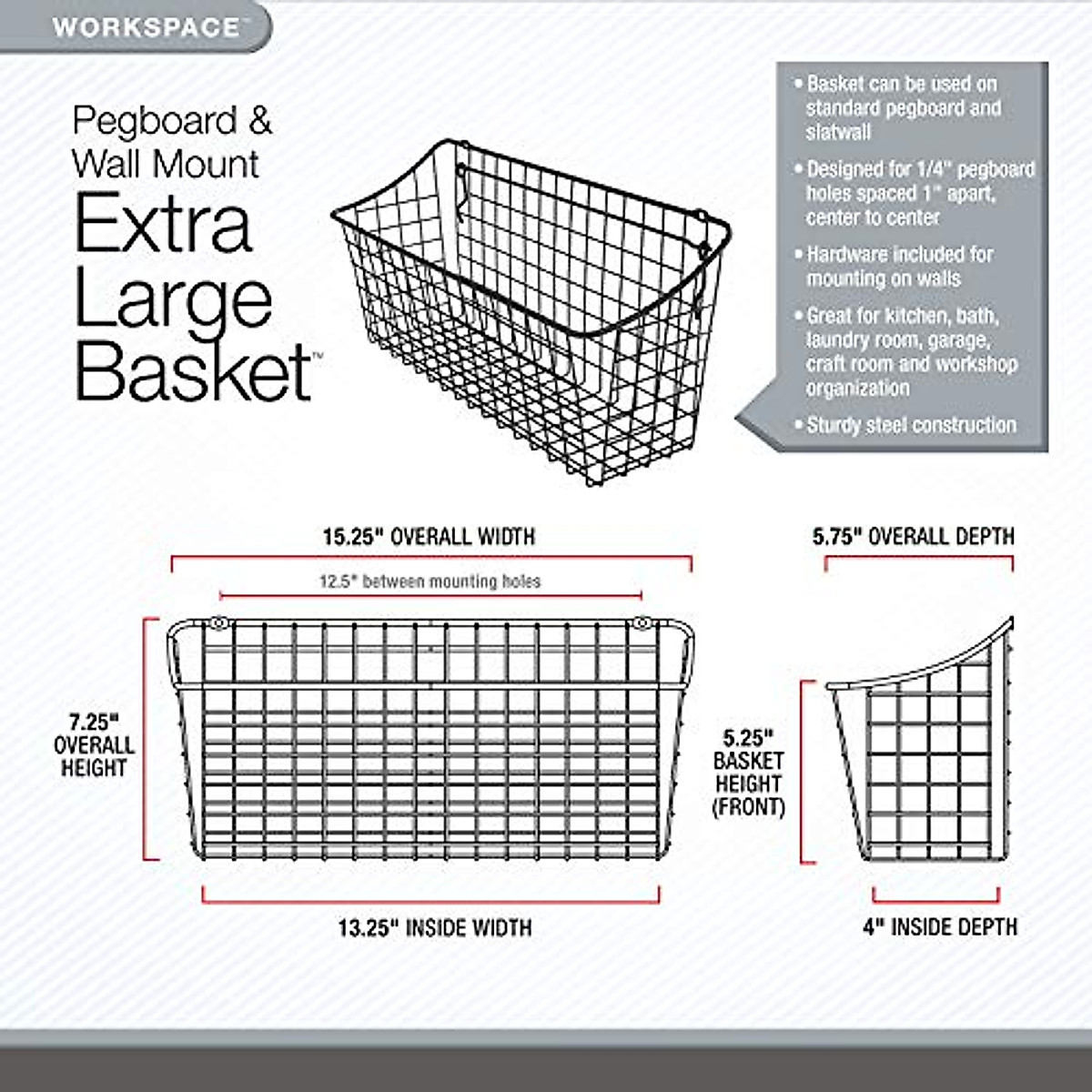 Spectrum Pegboard & Wall Mount Wire Basket Extra Large (Industrial Gray) - Storage & Organizer for Garage, Tools, Shed, Home, Work Bench, Crafts, & More