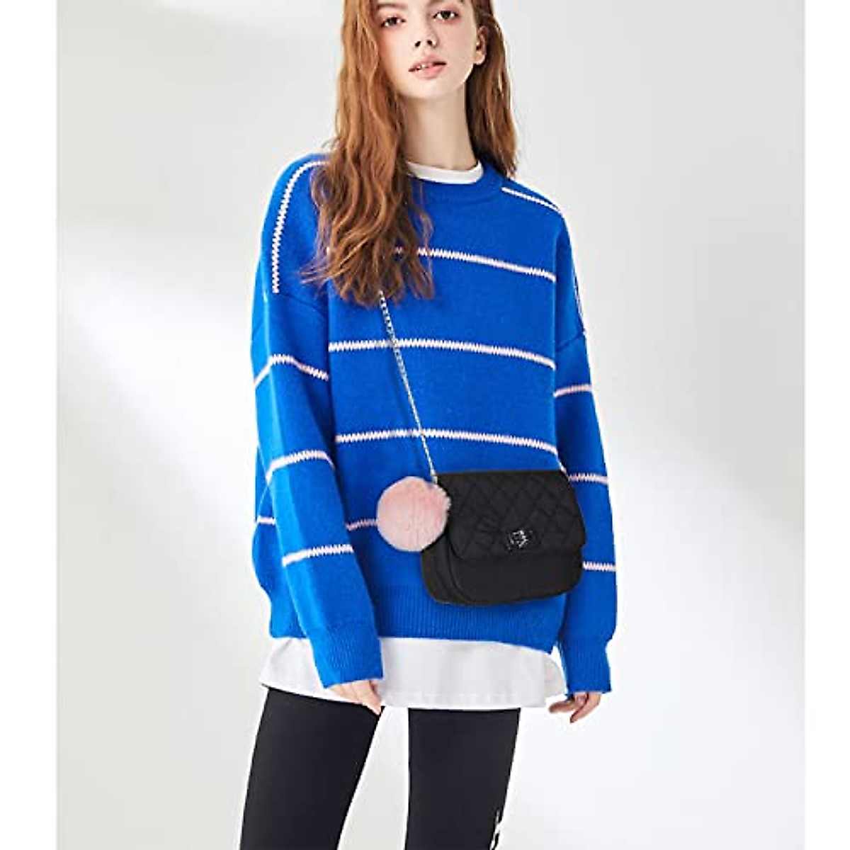 JSTRIVE Cute Purses for Teen Girls Small Purse and Quilted Crossbody bags for Women with Chain Strap, Nylon Lightweight, 8” Black