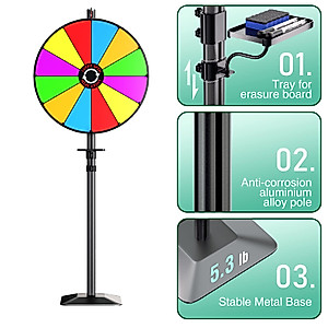 24" Prize Wheel - Dual Use Tabletop or Height Adjustable Floor Stand Heavy Duty Spinner Wheel of Fortune with 12 Slots & Dry Erase & Eraser for Carnival, Trade Show, Fortune Spinning Game