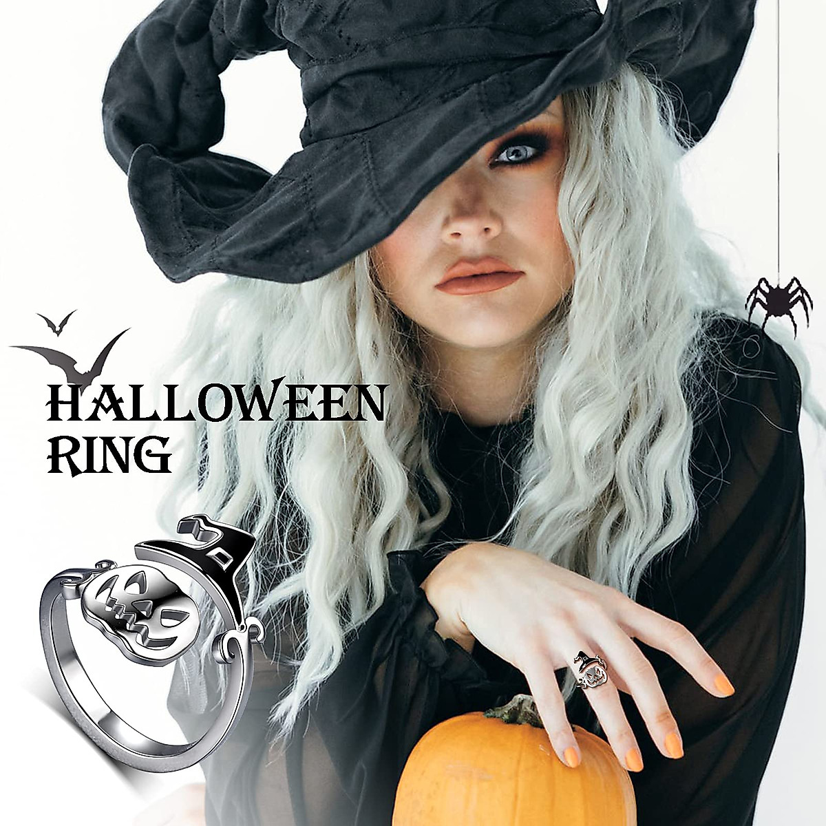beautlace Halloween Pumpkin Adjustable Rings and Wizard Witche's Hat Ring Silver Plated Halloween Ghost Witch Broom Ring Open Finger Ring Party Jewelry KR0065W