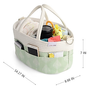 Homlynn Baby Diaper Caddy Organizer Diaper Storage Basket Large Tote Bag & Car Organizer, Nursery Storage Bin for Baby Accessory, 100% Cotton Rope, Machine-washable(Green, with Stroller Hooks)