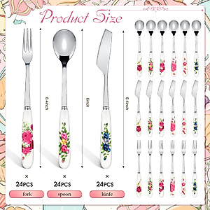 Dandat 72 Pcs Dessert Silverware Set Tea Party Stainless Steel Dinner Flatware Bulk Wedding Dessert Spoons Knives Forks with Ceramic Handle for Spring Coffee Salad Cake Tea Party Gifts, Service for 24