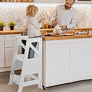 Toddler Kitchen Stool Helper - Toddler Tower with Message Boards & Safty Rail, Adjustable Height Kids Kitchen Step Stool, Chalkboard and Whiteboard, Anti-Slip Protection,Wooden Toddler counter (White)