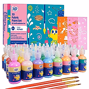 KIDDYCOLOR 3D Permanent Fabric Paint 40 Colors 1 fl oz Fine-Tip Bottles with 3 Brushes and Stencils, Textile Paint with Fluorescent, Glow in The Dark, Glitter, Metallic Color for Clothing, T-Shirt, Glass