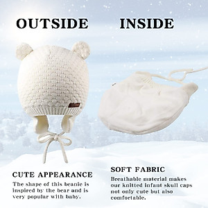 Bamery Baby Crochet Hat Infant Cute Bear Ear Beanie Toddler Boys Girls Earflap Hats for Fall Winter Warm Cap (Bear White, 0-6M)