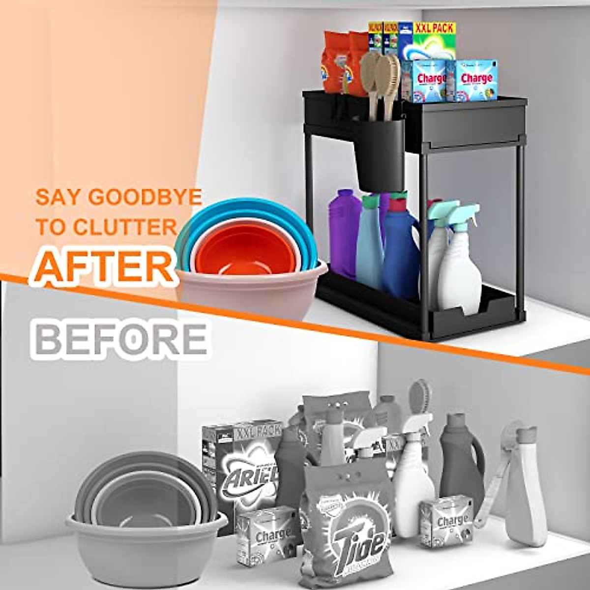 Under Sink Organizers and Storage,2 Tier Multipurpose Under the Sink Organizer, Sliding Kitchen Storage Pull Out Double Shelf Drawer for Bathroom Counter Cabinets, Undersink Hair Tool