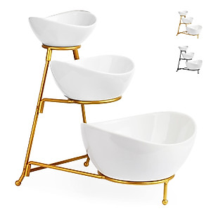 LAUCHUH 3 Tier Serving Stand with Porcelain Bowls, Oval Shape, Ideal for Food Presentation, Dishwasher Safe