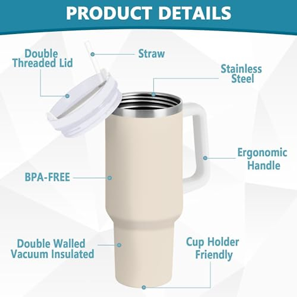 Emelivor Beige 40 oz Tumbler with Lid and Straw Insulated Tumblers with Handle Travel Coffee Mug Cup Large Water Bottles Cup for Hot and Iced Cold Drinks