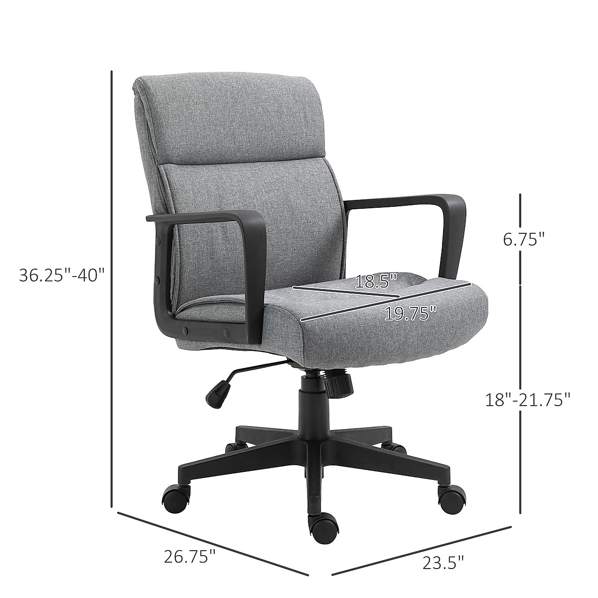 Vinsetto Mid Back Home Office Chair Height Adjustable Linen Fabric Desk Task Chair with Ergonomic Line Wide Seat, Thick Padding, and Armrest