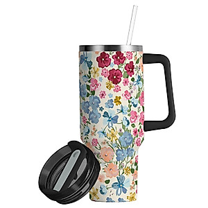 Yasala Car Tumbler with Handle Watercolor Cute Garden Flower Travel Mug Coffee Cup Insulated Beverage Container Mega Cup for Hot Cold Drinking Thermos Water Bottle Cupholder Friendly 40 oz