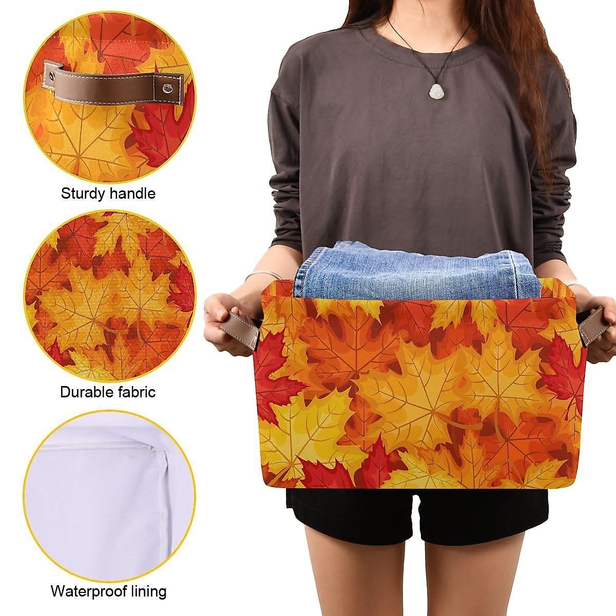 Fall Maple Leaves in Autumn Storage Basket,Large Storage Bin Fabric Collapsible Organizer Bag with Handles 15x11x9.5 inch