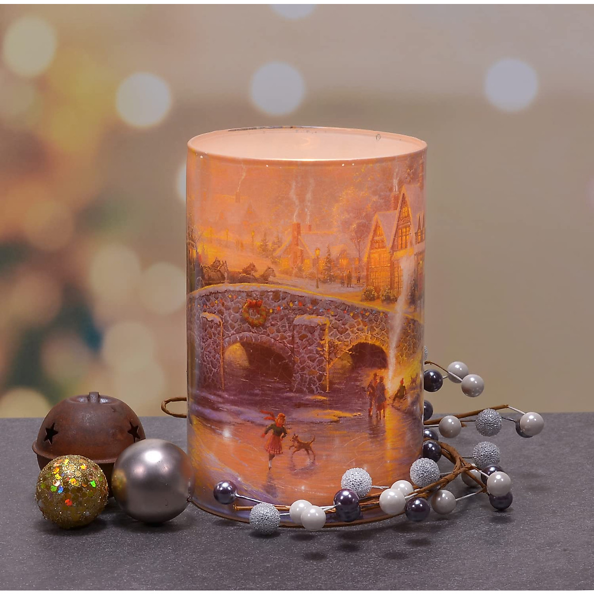 Mark Feldstein & Associates Thomas Kinkade Spirit of Christmas Flameless LED Glass Pillar Candle, 4 x 6 Inch