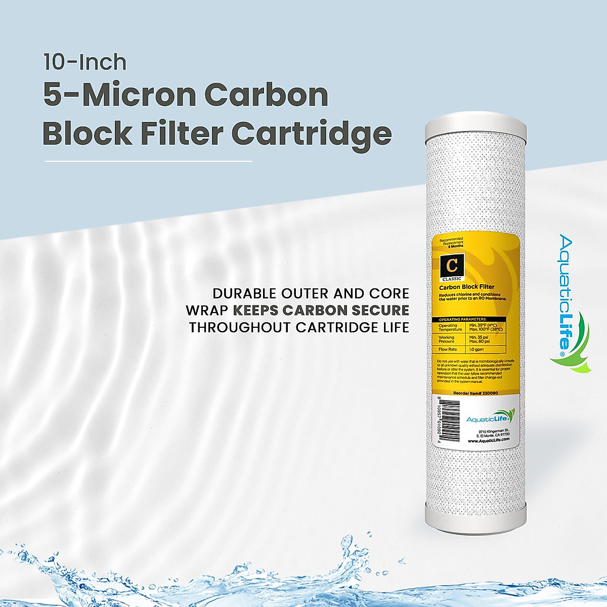 Aquatic Life 10-Inch Pre Carbon Block Replacement Filter Cartridge for RO-DI System Units for Aquarium