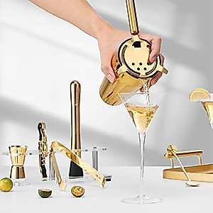 Btuqbu Cocktail Shaker Set with Arcylic Stand, Mixology Bartender Kit for Drink Mixing | Mixology Set with 7 Bar Set Tools Cocktail Kit (Gold)