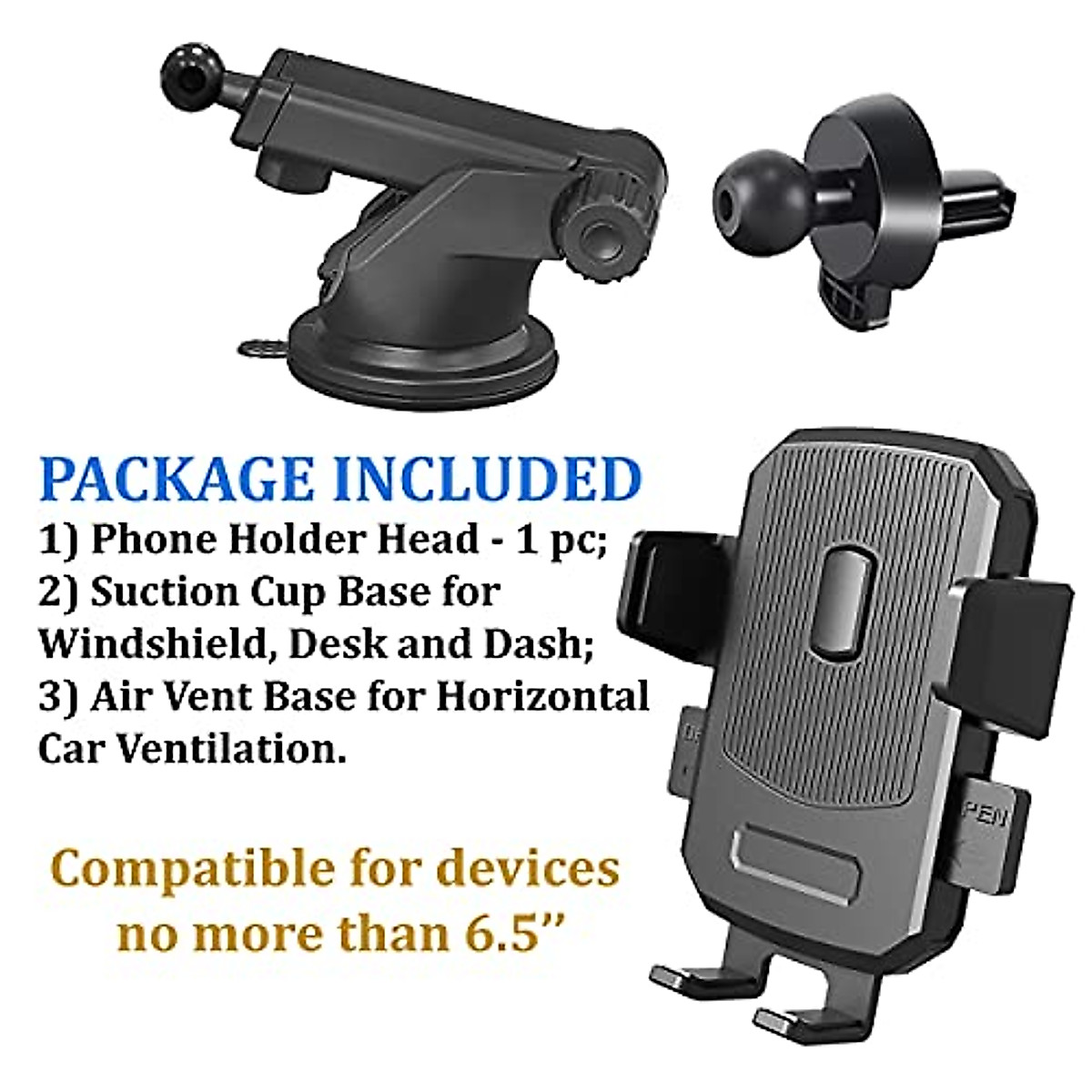 SALEX Universal Windshield Phone Mount. Telescopic Suction Cup Cell Phone Mount for Car Dashboard, Air Vent, Desk. Black Rotating Smartphone Bracket. Adjustable Car Cradle for Mobile Phone & GPS.